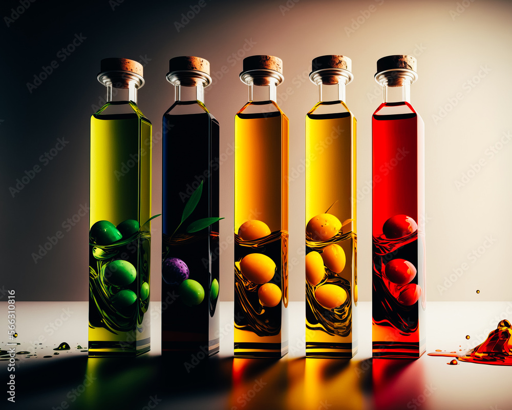 A visually striking composition of olive oils with varying colors and ...