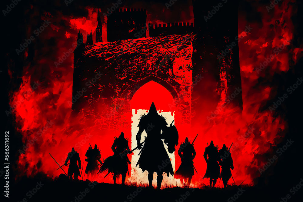 An image of a medieval battlefield bathed in the eerie red glow of war ...