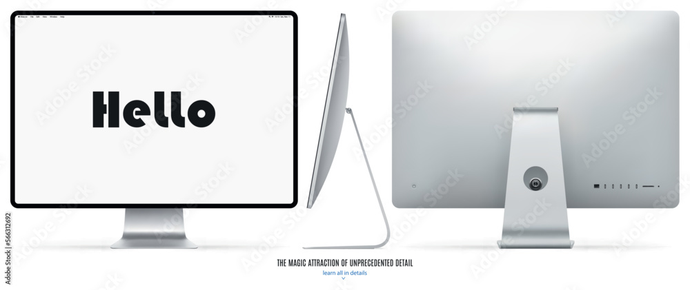 computer monitor silver color with blank screen front, back and side ...