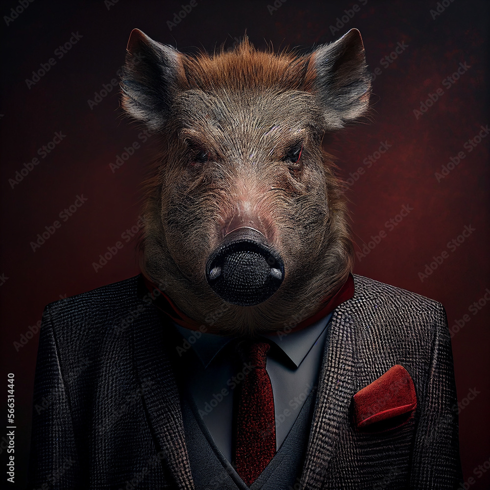 Realistic lifelike boar hog pig in dapper high end luxury formal suit ...
