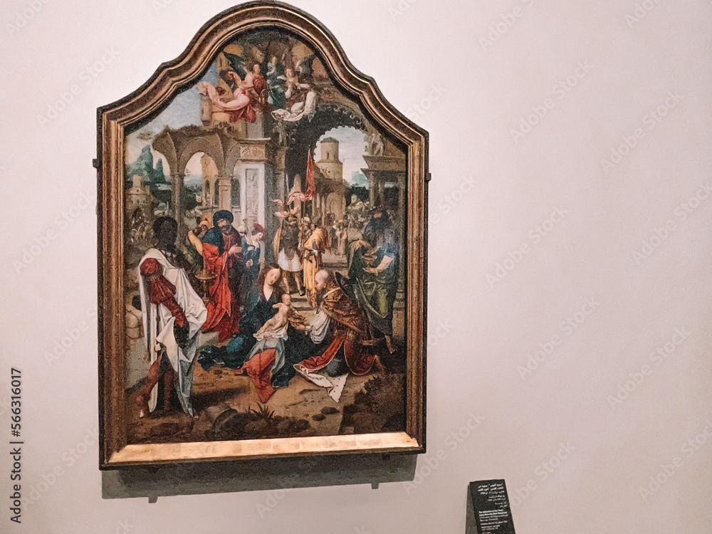 Ancient European art - vintage statue and paintings displayed in a ...