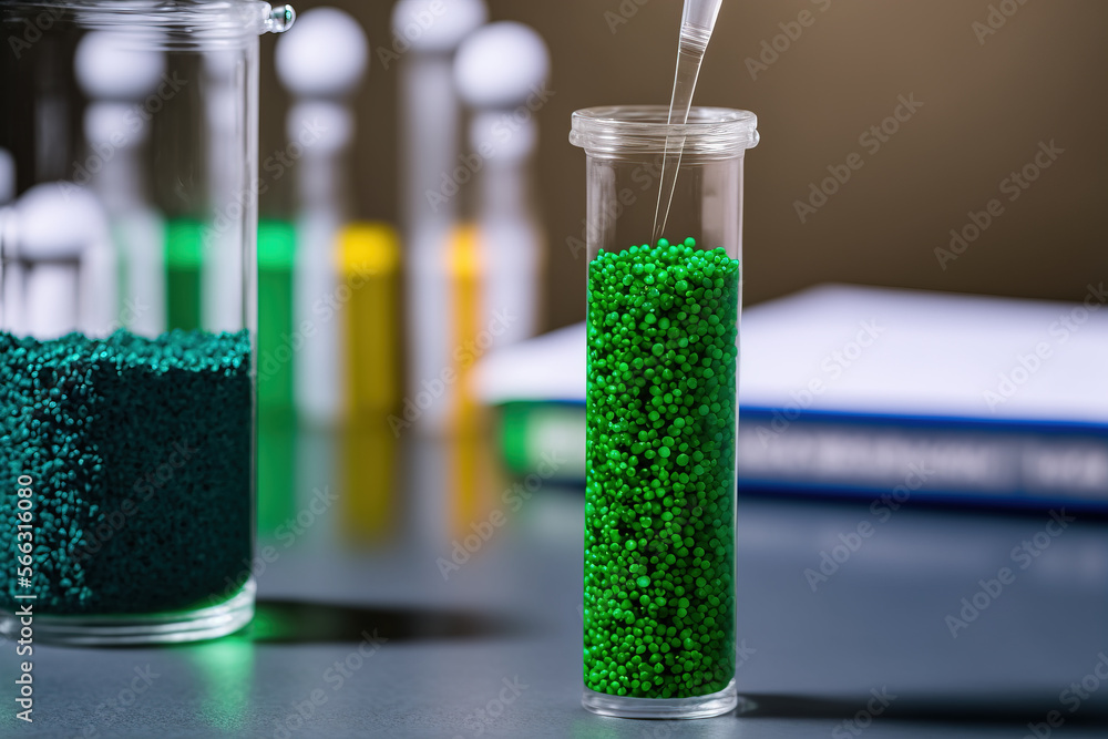 Lab table with test tubes of plastic granules. Green biodegradable ...