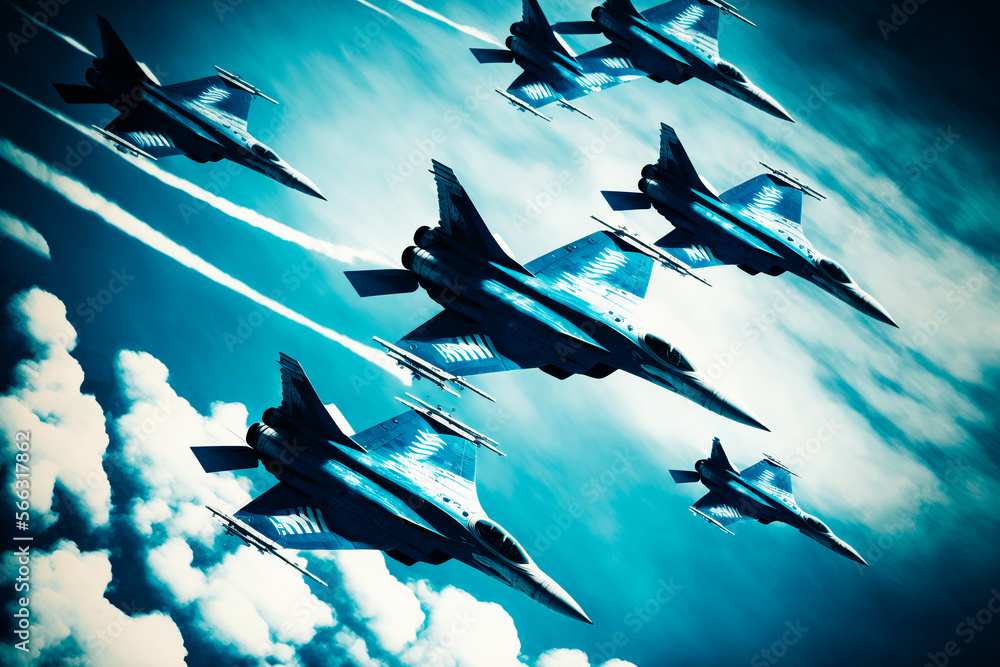 The photo shows a group of Airforce jets flying through a thick fog ...