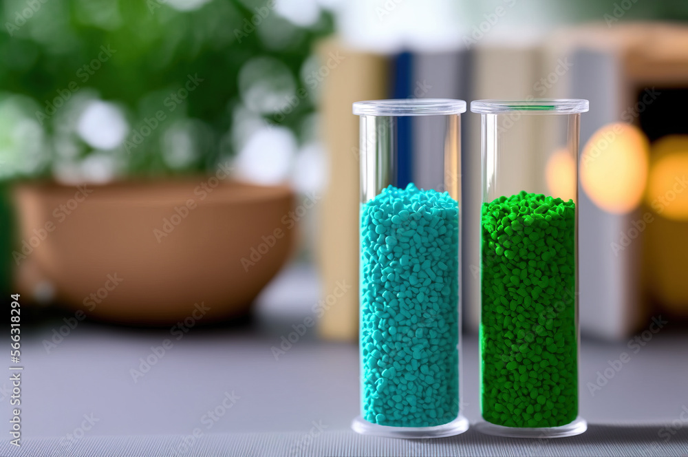 Granules of eco-friendly plastic in test tubes on a lab table ...