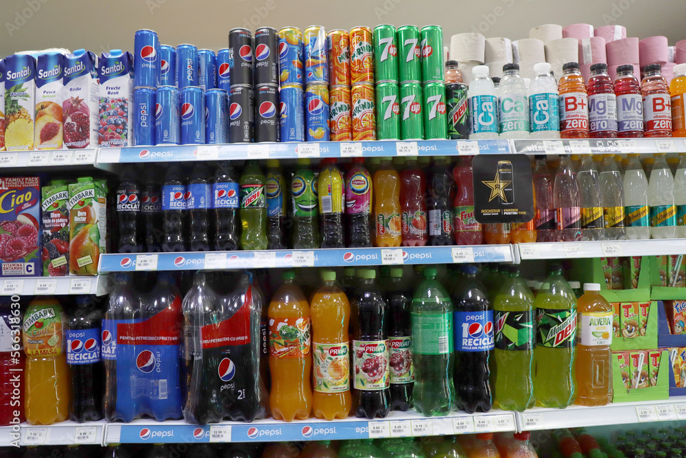 bottles of juice pepsi, coca cola, mirinda, 7up, lipton, mountain dew ...