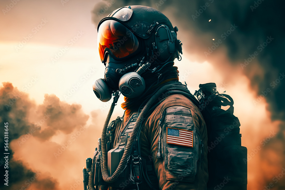 This image shows a fighter pilot dressed in a flight suit, helmet, and ...