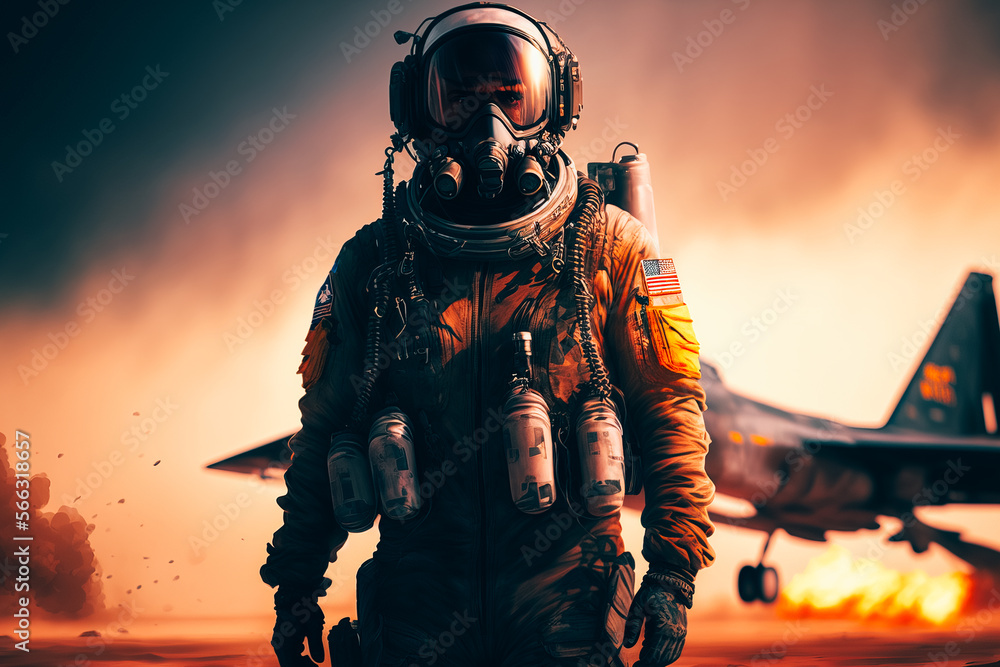 This image shows a fighter pilot dressed in a flight suit, helmet, and ...