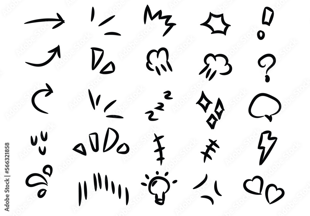 Vector set of hand-drawn cartoony expression sign doodle, curve ...