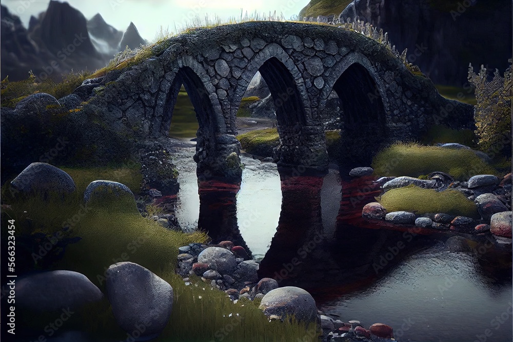 Medieval bridge nordic stone sculptures design lands. AI generated art ...