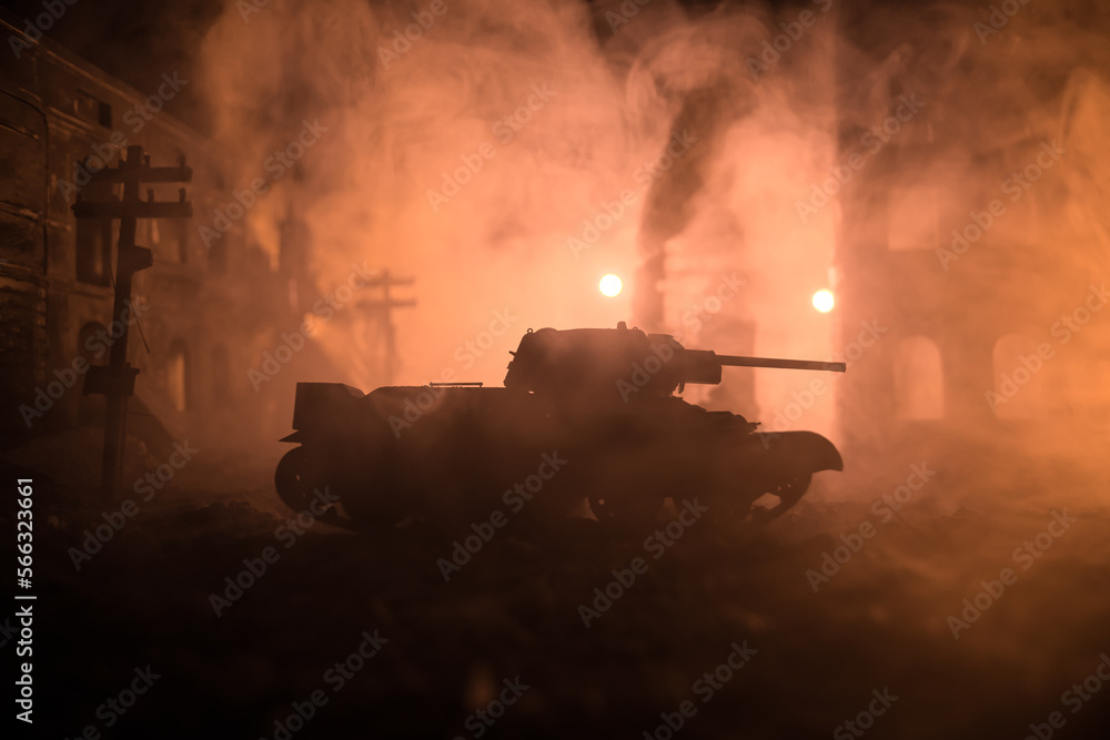 War Concept. Military silhouettes fighting scene on war fog sky ...
