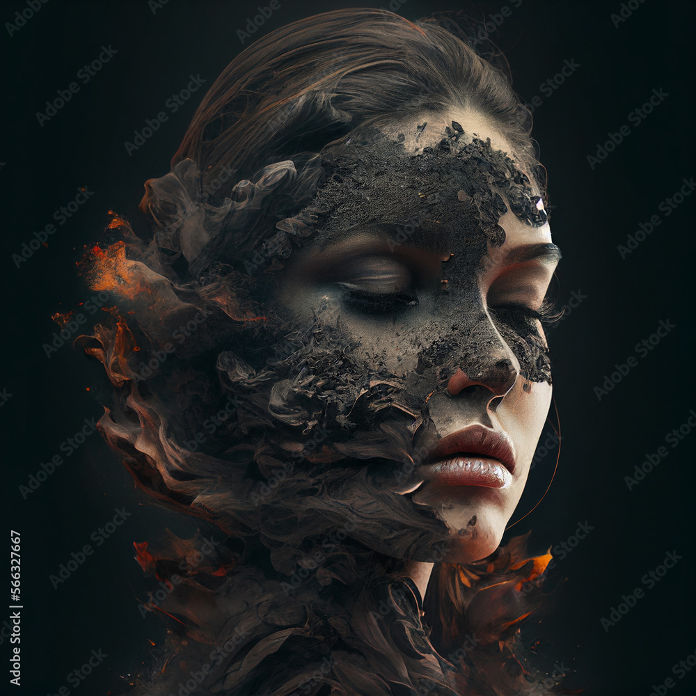 Woman Covered in Flaky Soot Makeup Smoke Ash Embers Flame Dark ...