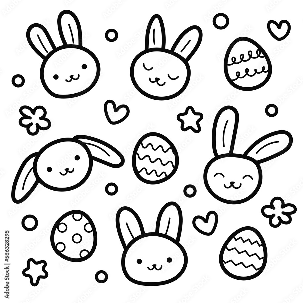 Easter print, pattern cute kawaii bunnies, rabbits and eggs hand drawn ...
