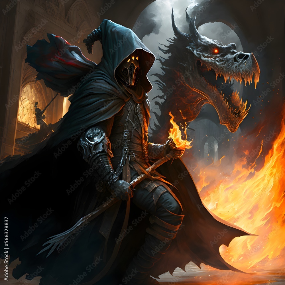 grim reaper dragon breathing fire castle wizard Stock Illustration ...