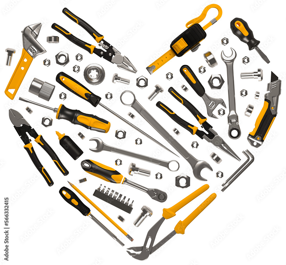 A symbolic heart made of construction tools. PNG illustration with ...