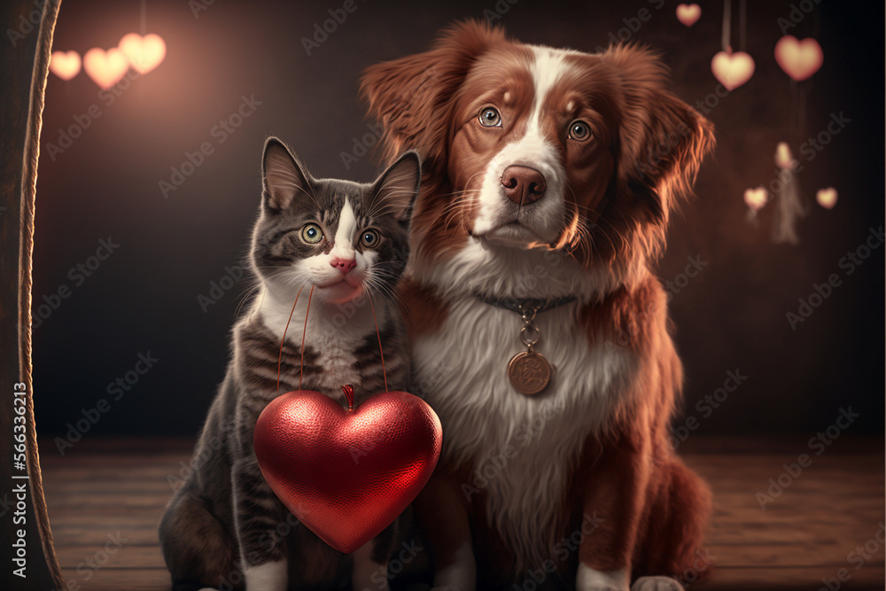 dog and cat valentines day cute romantic background generative AI Stock ...