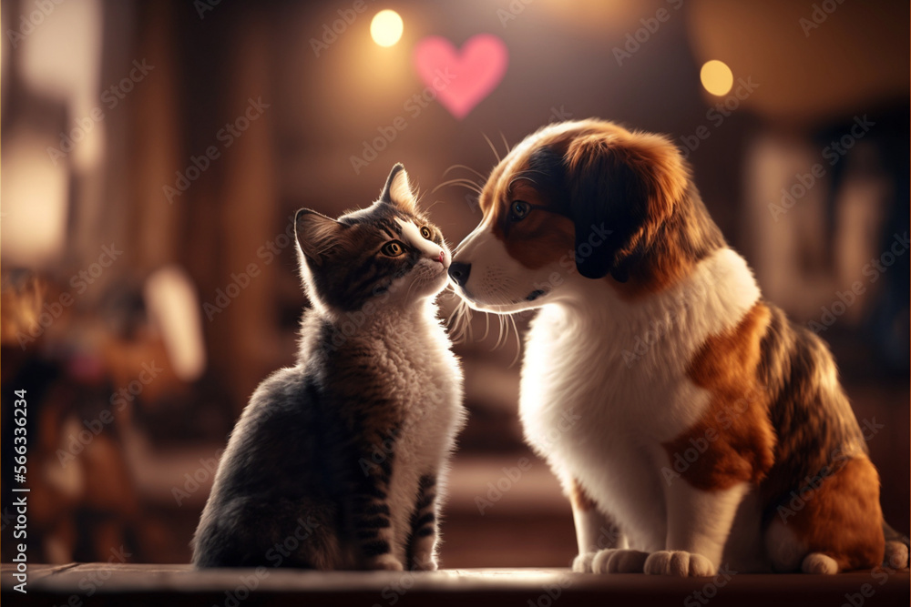 dog and cat valentines day cute romantic background generative AI Stock ...