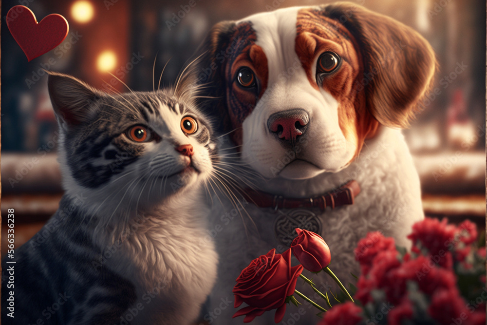 dog and cat valentines day cute romantic background generative AI Stock ...