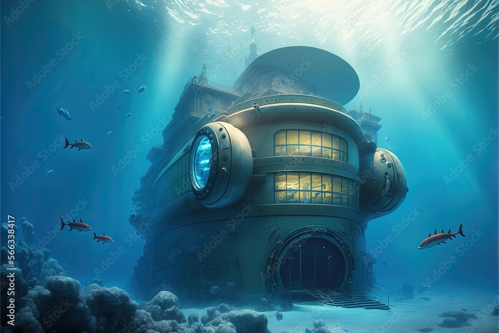 Ilustrace „ an underwater house with a clock on the front of it ...