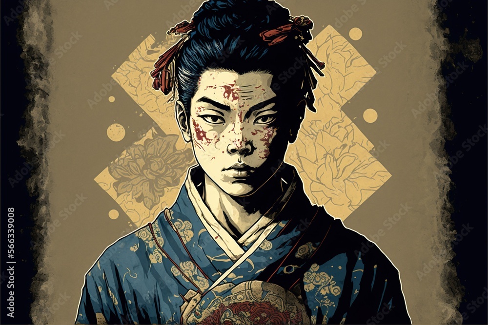 Human Face In Ukiyo E Style Concept Of Kabuki Theater And Ukiyo E Prints Created With