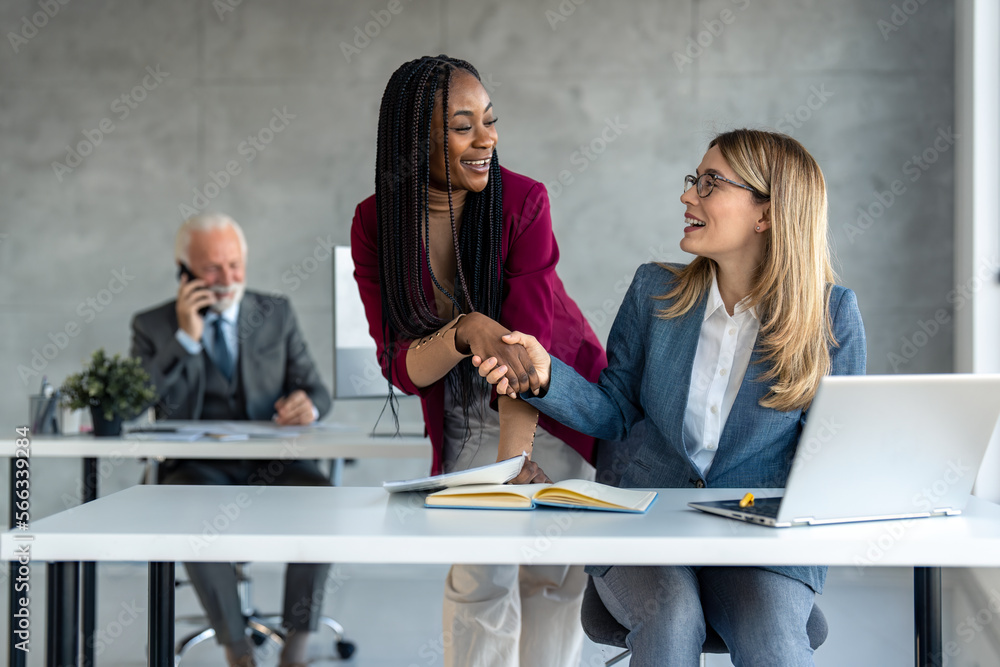 Two happy diverse professional business women female managers in suit ...
