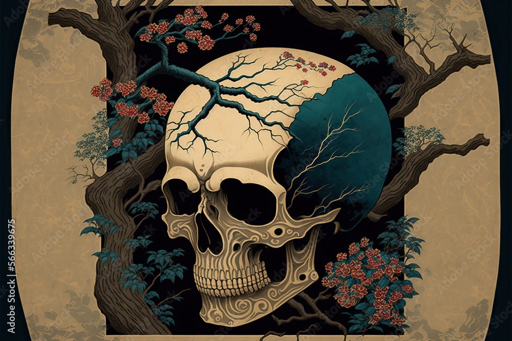 Human skull in ukiyo-e style, concept of Ukiyo-e Art and Woodblock ...