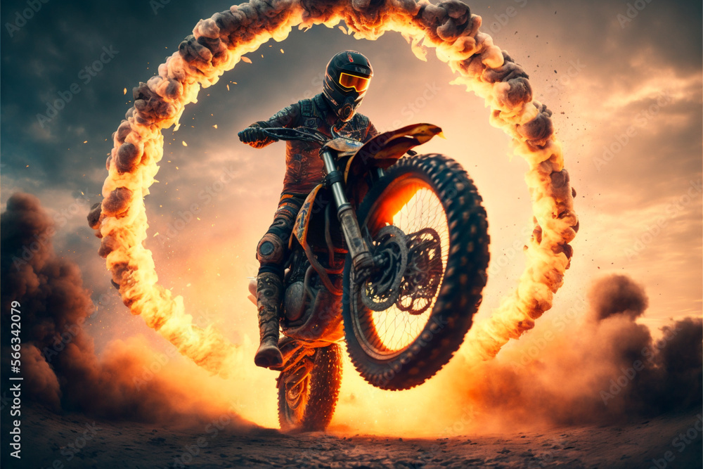 Motorbike jumping fire hoop generative AI Stock Illustration | Adobe Stock
