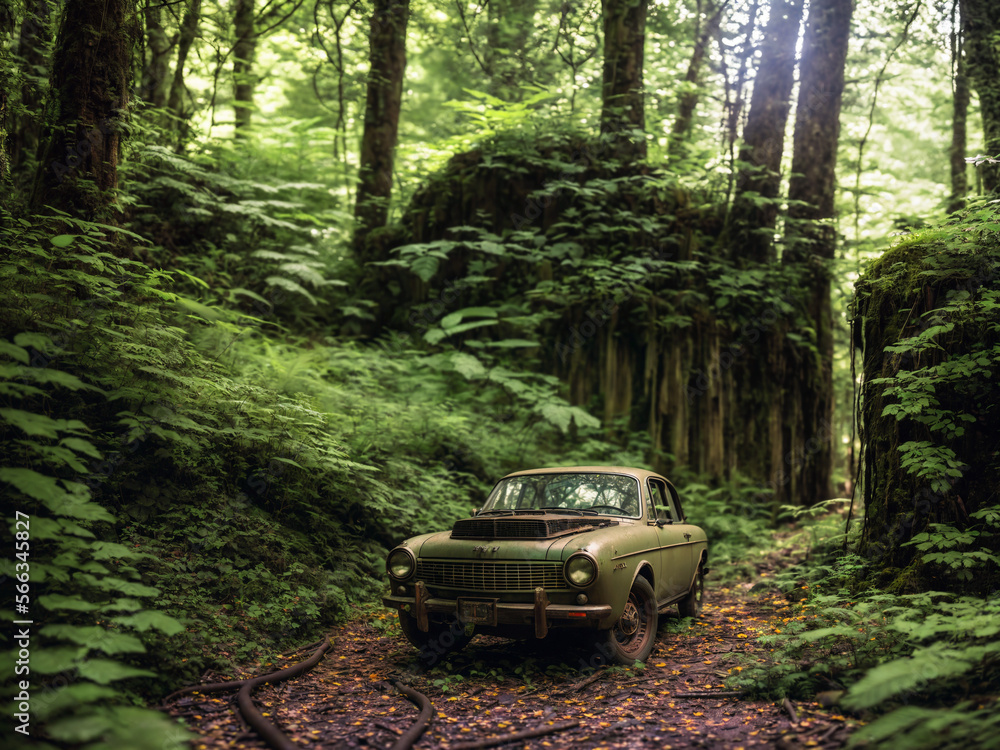 Old rusted classic car in the forest. Generative AI illustration Stock Illustration | Adobe Stock