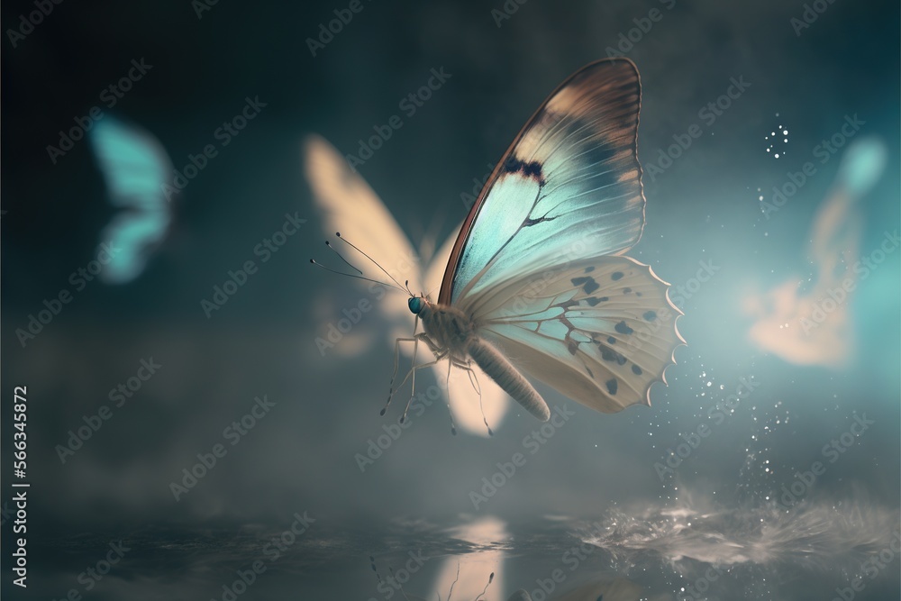 a butterfly flying in the air with a reflection of it's wing on the ...