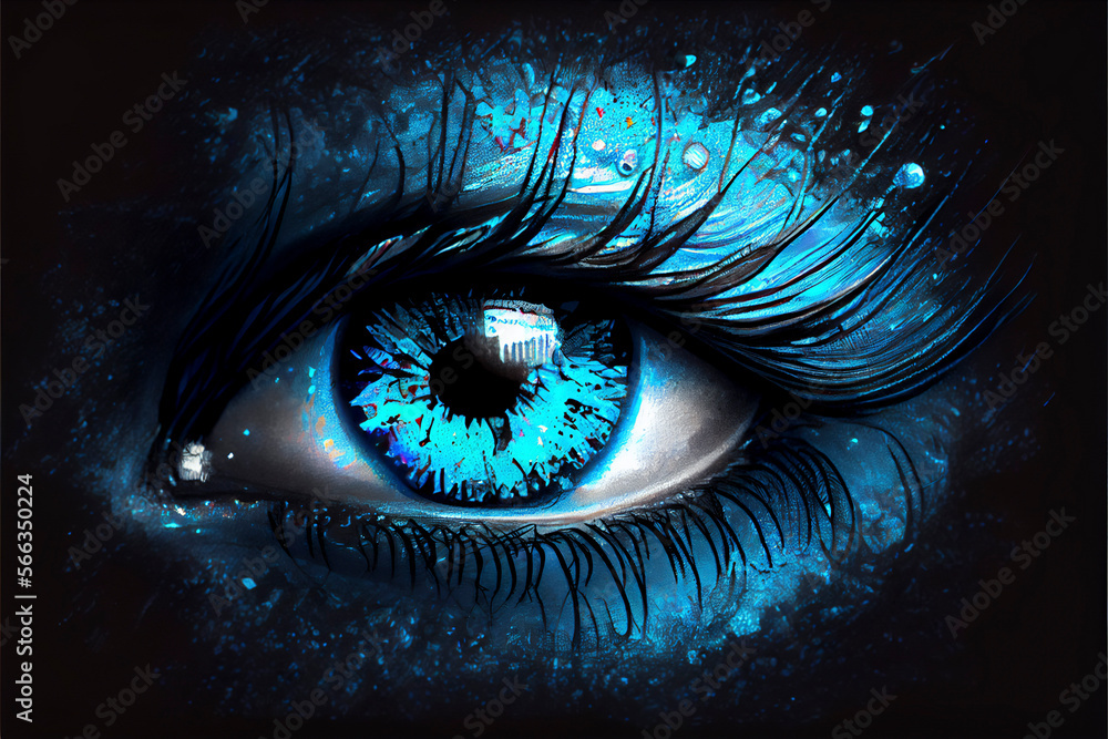 A drawing of a blue eye, vivid and intense, in the style of a ...