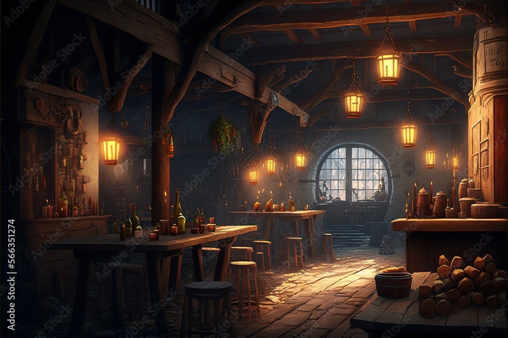 Cartoon style cozy medival tavern, generative ai Stock Illustration ...