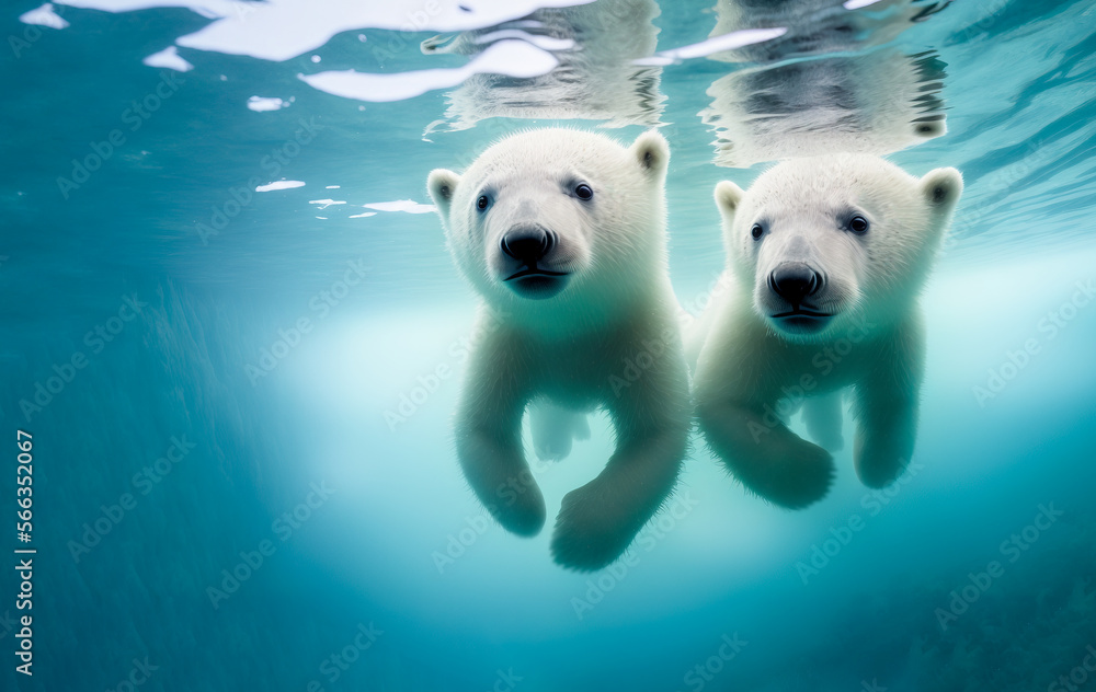 white baby polar bears cubs swimming underwater in blue cold water eye ...