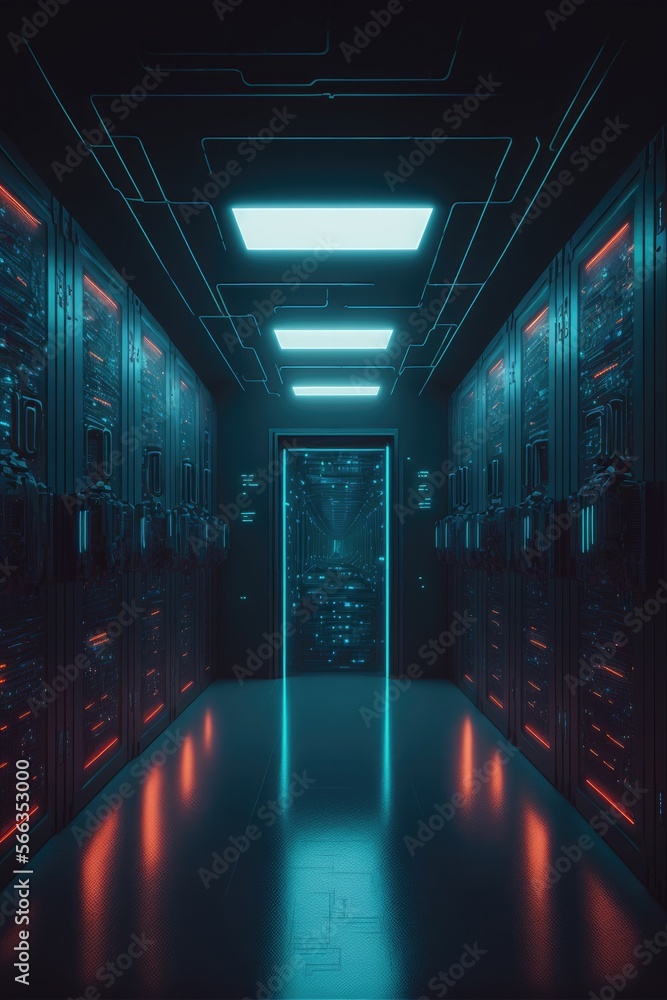 Data center with server racks and backup power supply. Generative AI ...