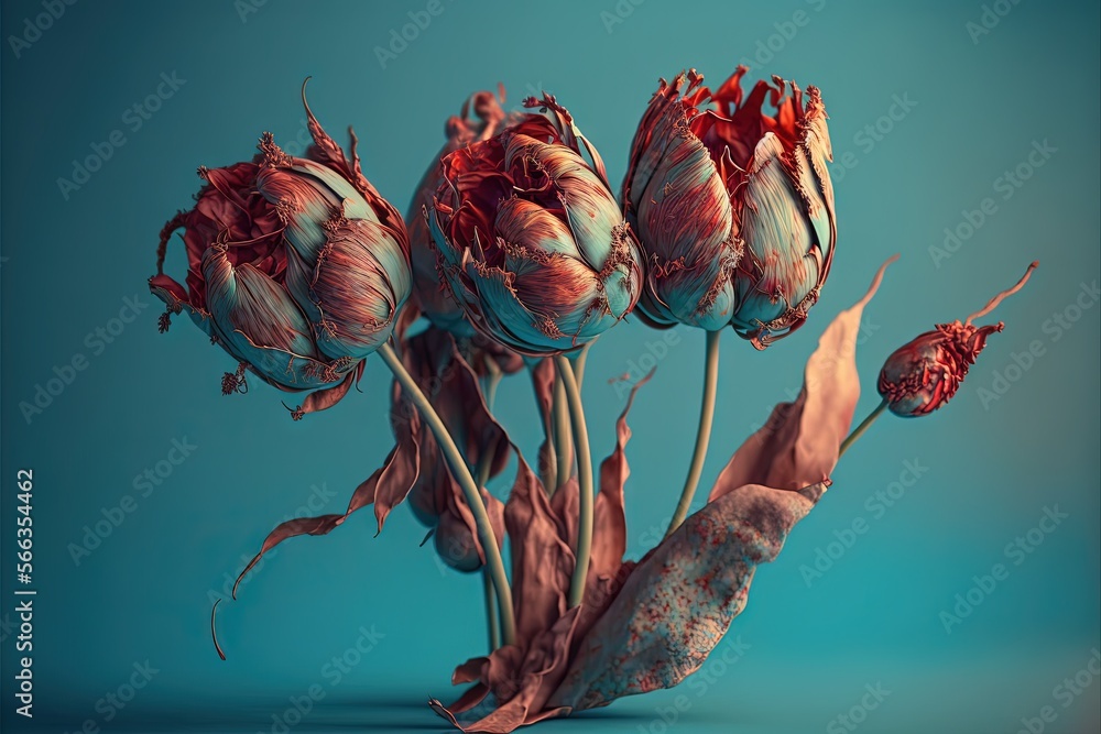 a bunch of flowers that are in a vase on a blue background with water ...
