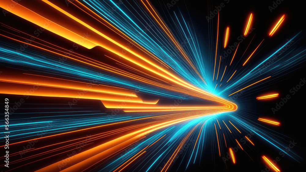 Abstract neon lights into digital technology tunnel. Futuristic ...