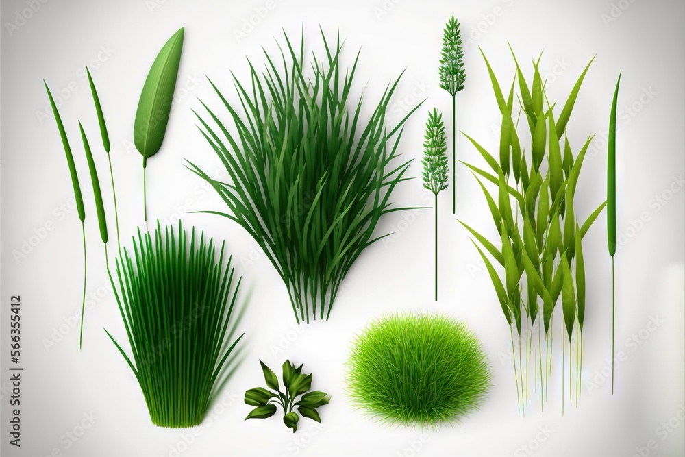 a collection of different types of grass on a white background with ...