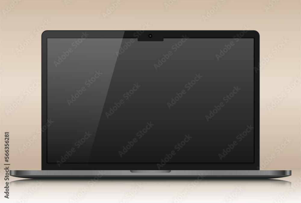 Realistic layout of a modern laptop in a dark silver thin metal case. A ...