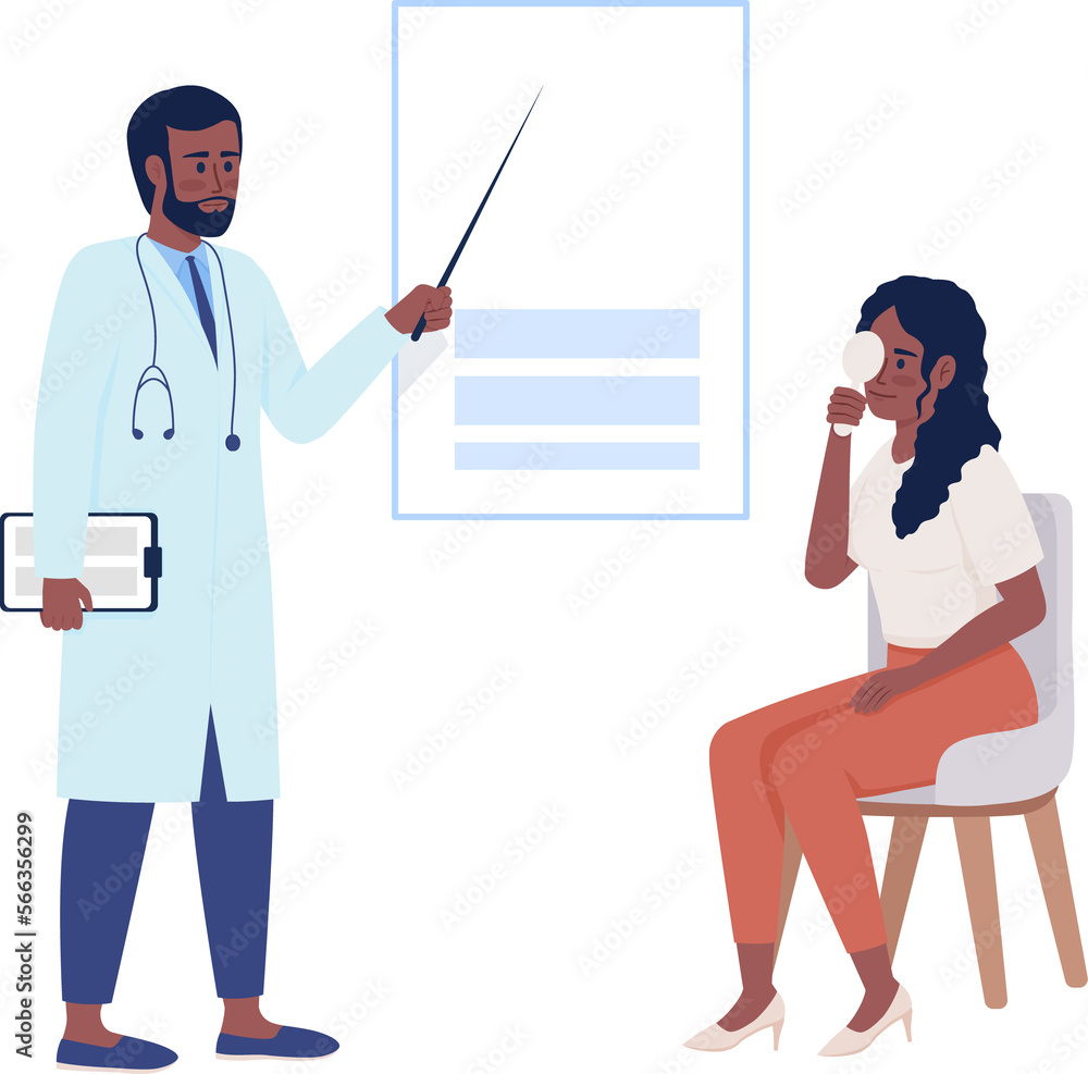 Doctor conducting vision exam semi flat color raster characters. Posing ...