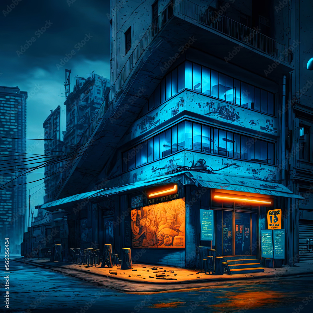 Cyberpunk styled cafe on the street corner with neon lights. Futuristic ...