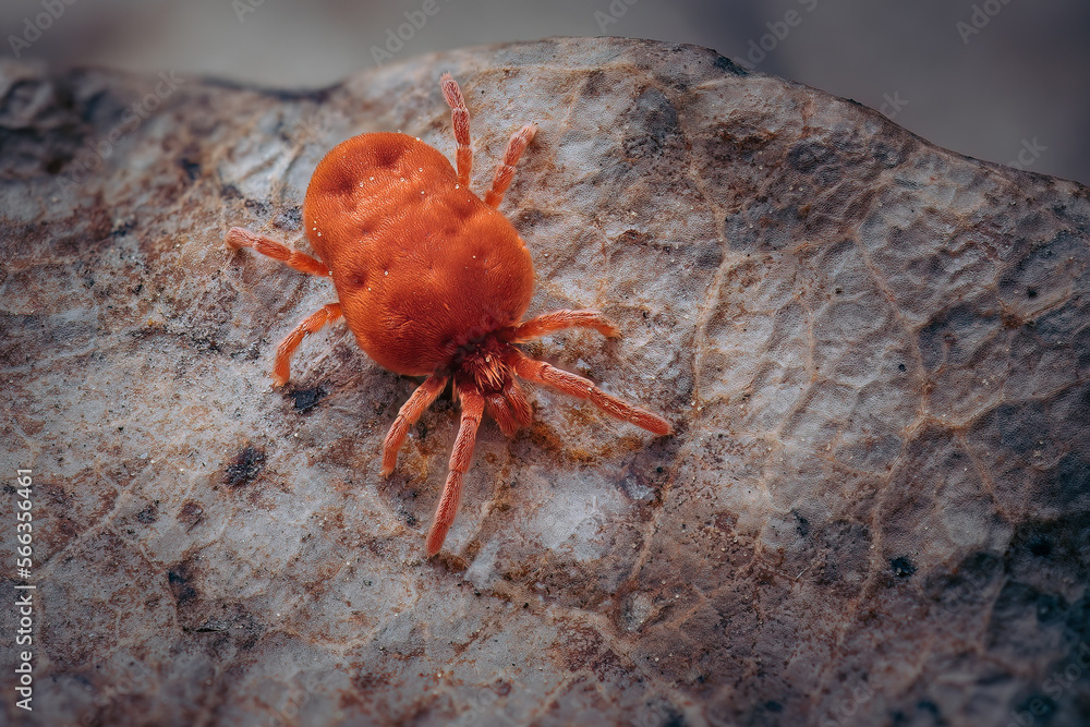 Velvet Mite - Trombidium holosericeum walking on a dry tree leaf Stock ...