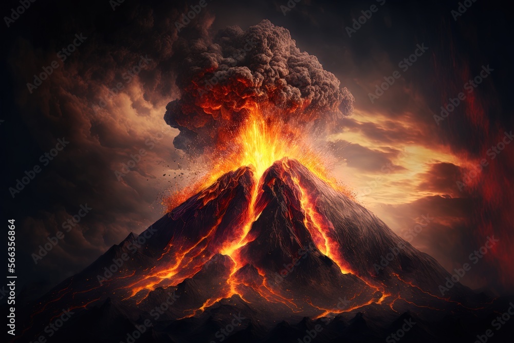 a raging volcano with lava flows. the pyroclastic flow of an explosion ...