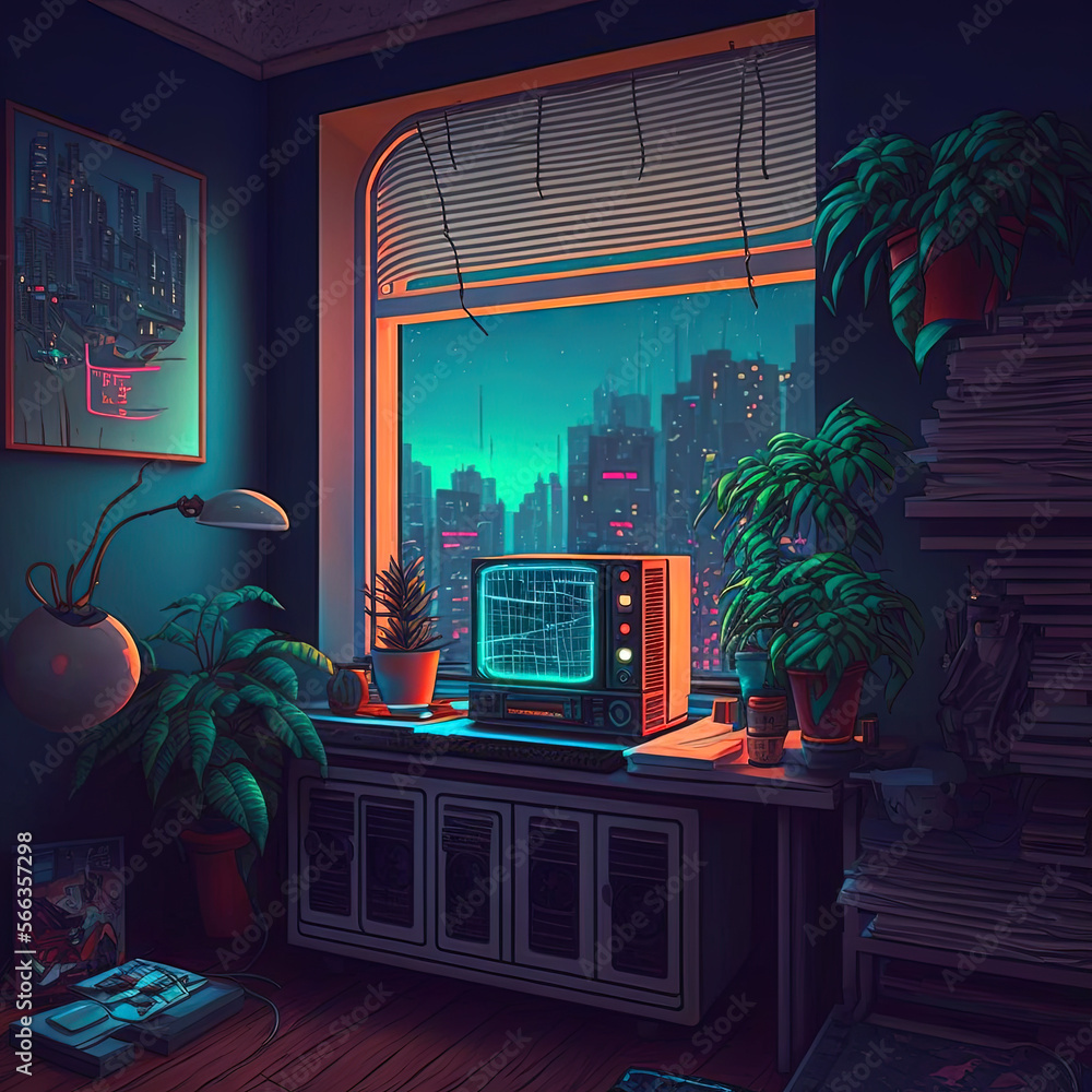 Nostalgic retro room in 80s synthwave or cyberpunk style. Futuristic ...