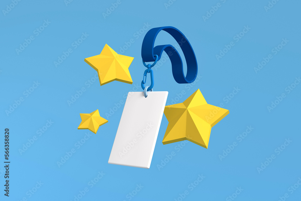 Badge icon with blue ribbon and stars in cartoon style for web design ...