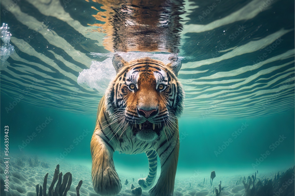 a tiger swimming in the water with its head under the water's surface ...