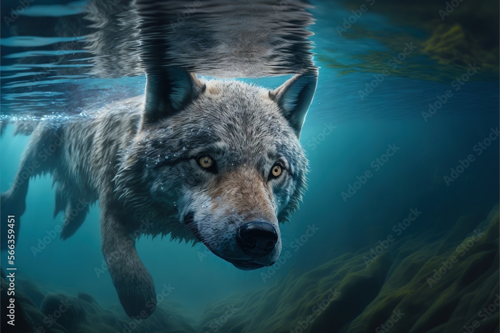 a painting of a wolf swimming in the water with its head above the ...
