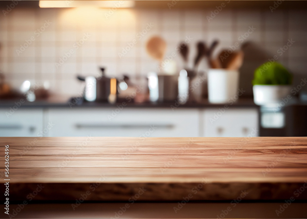 Wood table top on blur kitchen counter background. For montage product ...