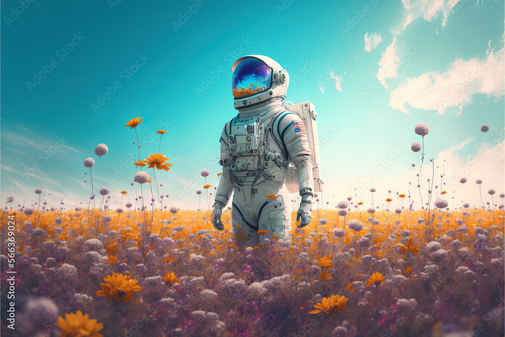 Astronaut standing in a flower field - Flower field series - Astronaut flower field background ...