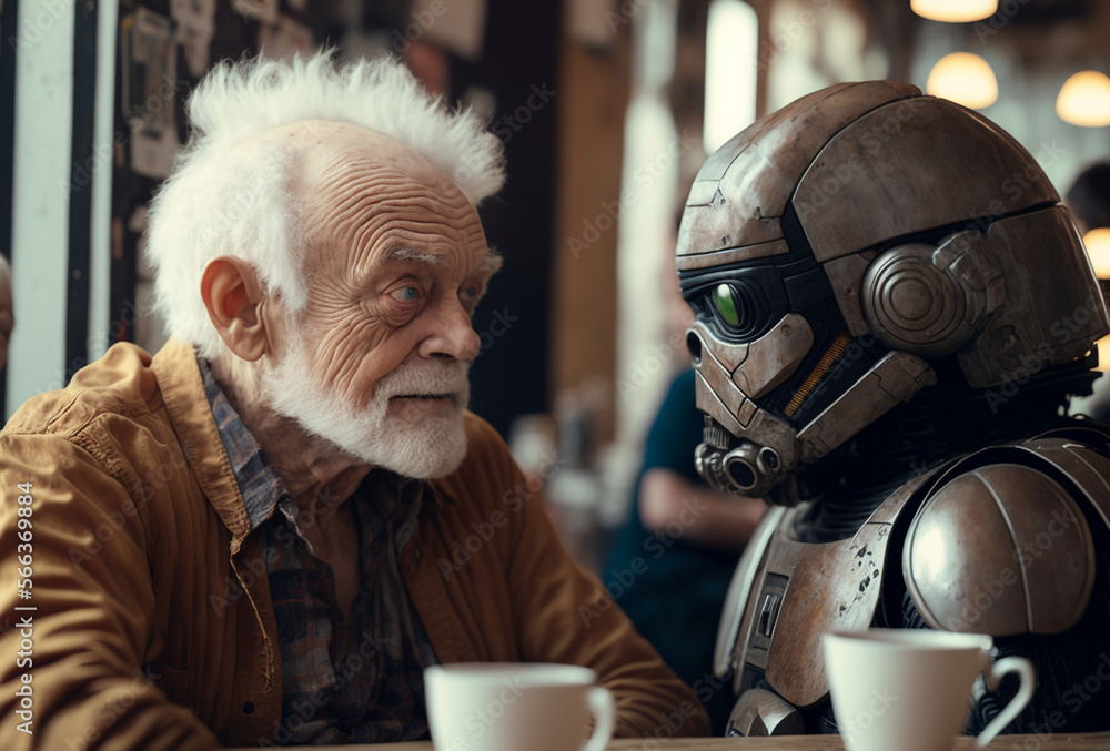 an old man and his robot friend are sitting together in a cafe ...