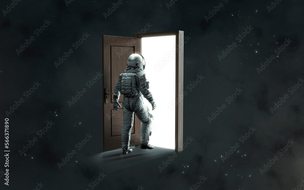 3D illustration of astronaut opens the door to space. 5K realistic ...