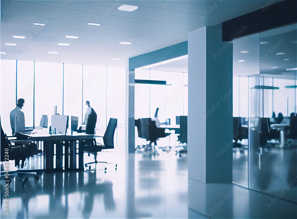 Business background with a blurred modern office with glass walls and ...