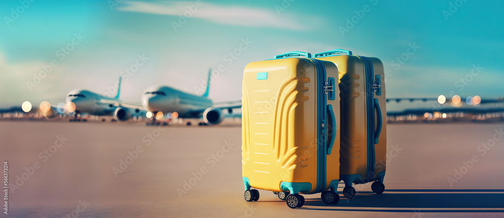 luggage suitcases at the airport wide banner with copy space area for ...